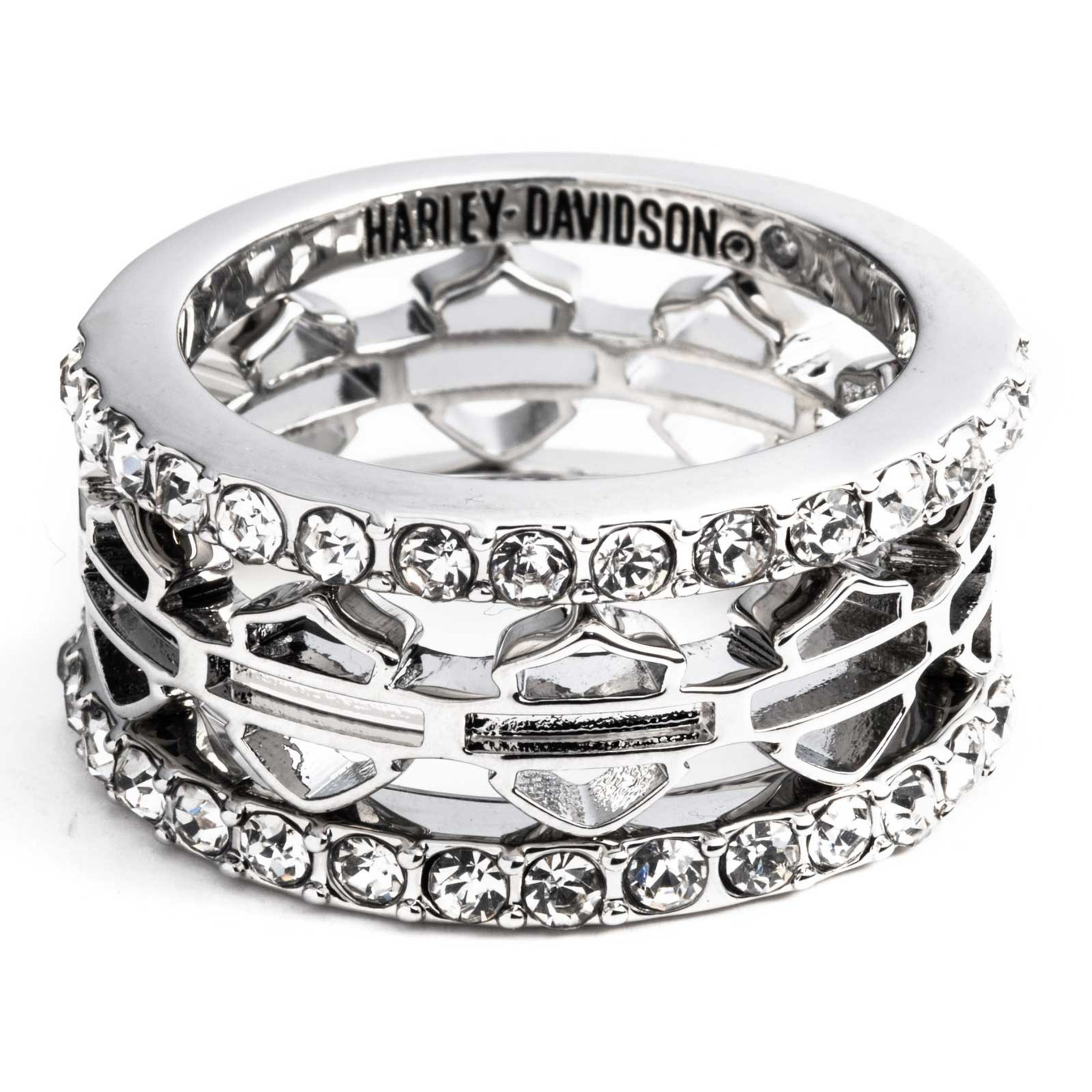 Harley-Davidson® Women's Set of 3 Pave Bar & Shield Logo Stackable Rin ...
